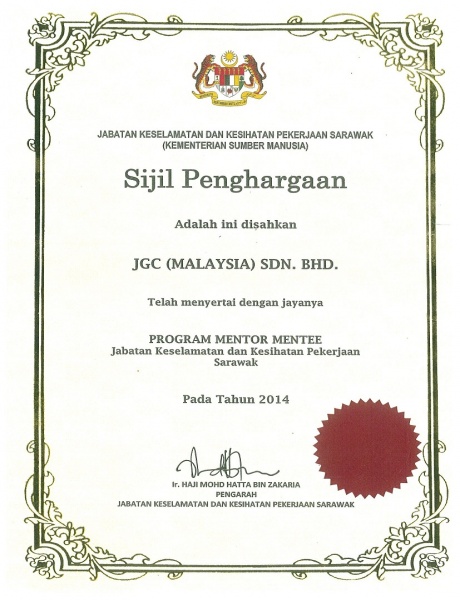 JGC Malaysia Received Certificate of Appreciation Award from DOSH Sarawak | JGC Malaysia